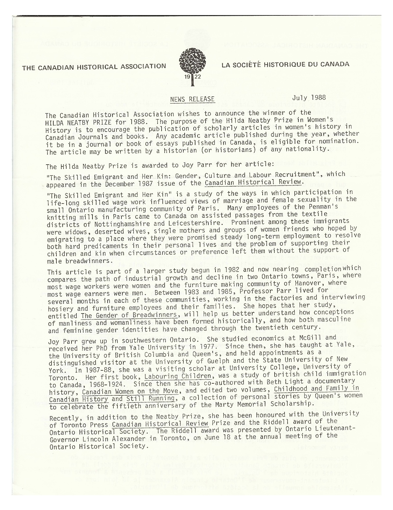 Hilda Neatby Prize, 1988 | Joy Parr